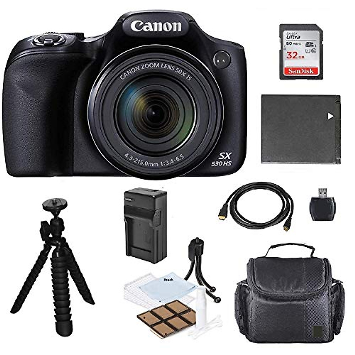Canon Powershot SX530 HS 16MP Wi-Fi Super-Zoom Digital Camera 50x Optical Zoom Ultimate Bundle Includes Deluxe Camera Bag, 32GB Memory Cards, Extra Battery, Tripod, Card Reader, HDMI Cable & More