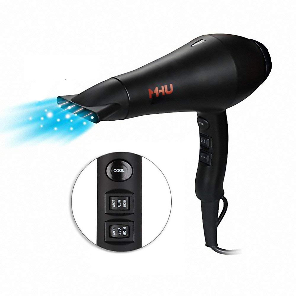 MHU Professional Salon Grade 1875w Low Noise Ionic Ceramic Ac Infrared Heat Hair Dryer Plus One Concentrator and One Diffuser Black Color