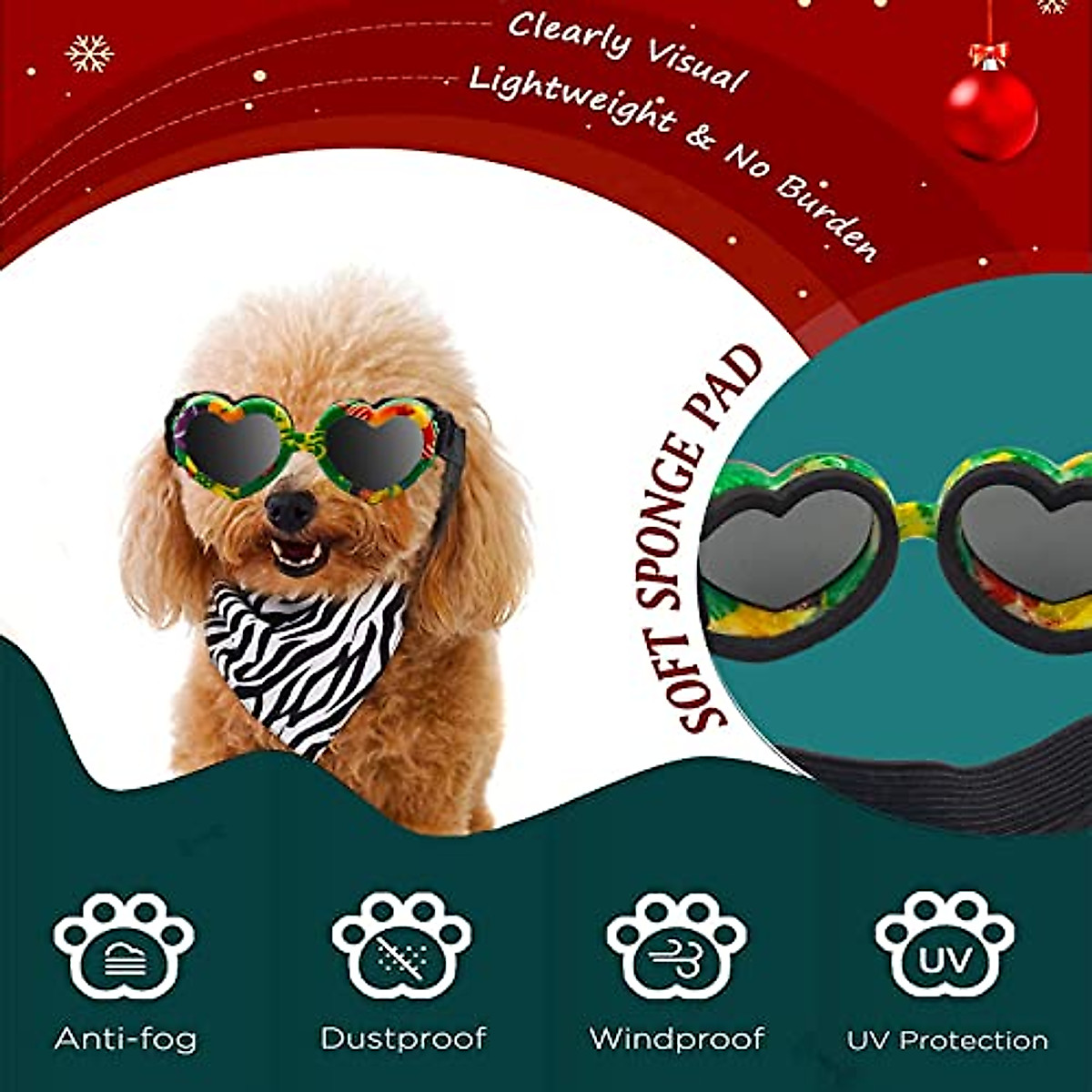 Dog Goggles, Christmas Small Dog Sunglasses, UV Protection Goggles with Adjustable Strap, Doggy Heart Shape Windproof Anti-Fog Pet Glasses for Puppy Eyes Wear Protective (Christmas-Green)