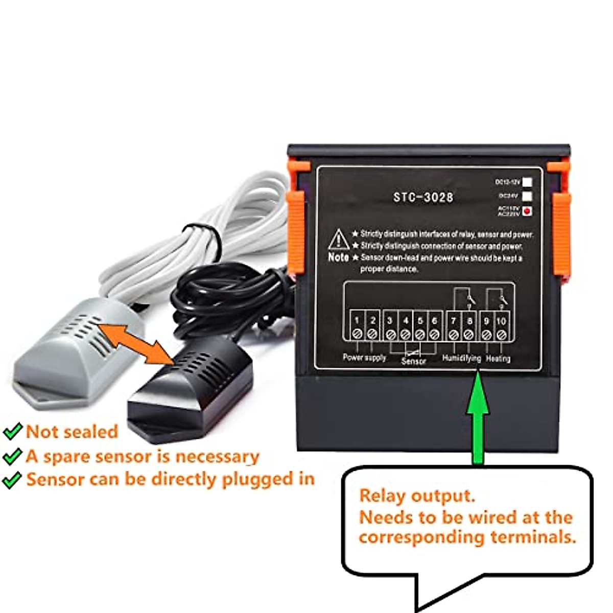 VIGELA STC-3028 AC110~230V All-Purpose Temperature and Humidity Controller with Dual Displays and Dual Relay Outputs(Shipping with 2 Sensors)