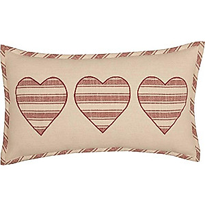 Piper Classics Market Place Red Triple Heart Applique Throw Pillow Cover, 12" L x 20" W, Cream w/Red Ticking Stripe Hearts, Valentine's Day, Love, Country Farmhouse