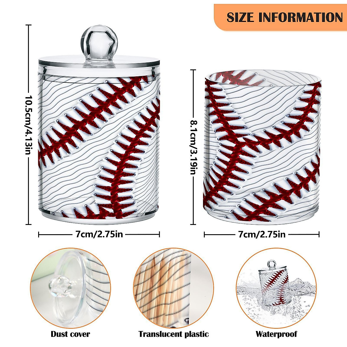 ATTX Sport Baseball Print Qtip Holder Dispenser for Cotton Ball, Cotton Swab,Plastic Clear Apothecary Jar, Home Décor Kitchen Storage Jar,2 Pack