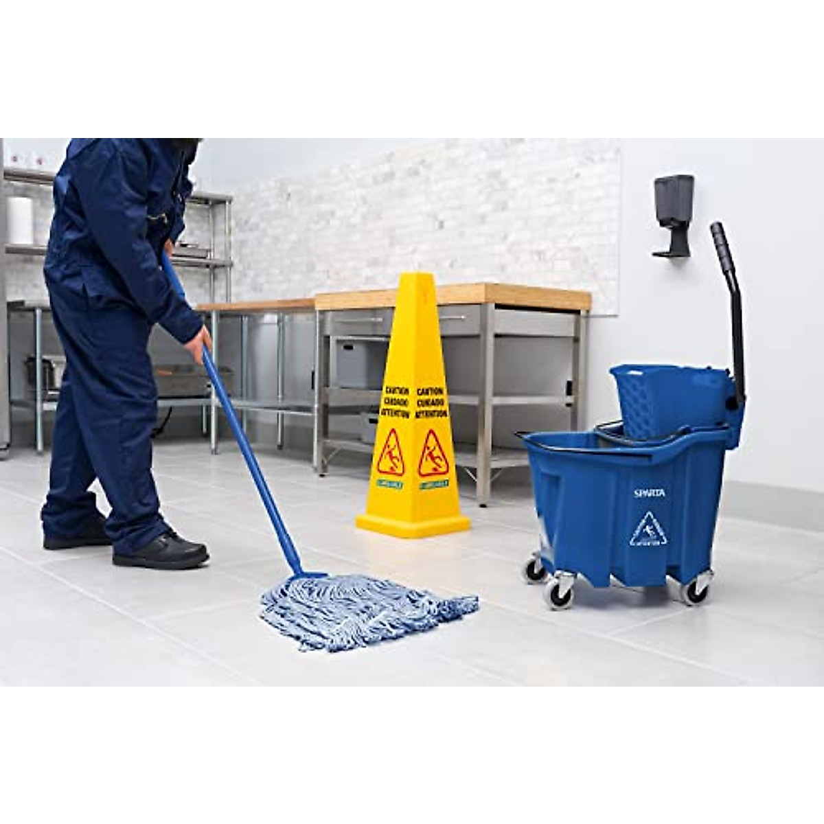 Carlisle FoodService Products Omnifit Mop Bucket with Side Press Wringer and Soiled Water Insert for Floor Cleaning, Kitchens, Restaurants, And Janitorial Use, Polypropylene (Pp), 35 Quarts, Blue