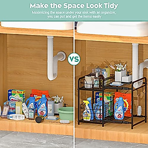 Under Sink Organizers and Storage, Zitaloken Bathroom Cabinet Organizer with Pull Out Drawer & Expandable Shelf, Kitchen Sink Organizer Metal Rack with Non-slip Feet, Matte Black