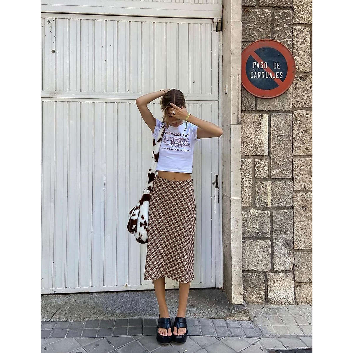 YIUOR Faux Fur Crossbody Bag Cow Print Women Plush Fluffy Furry Shoulder Tote Bag with Zipper Closure (Brown)