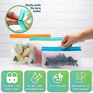 Latest Sense Reusable Storage Bags, BPA-Free – 20 Pack Reusable Sandwich Bags with Drying Rack – Eco-Friendly Ziplock Storage Bags for Food, Snacks, Lunch – Leakproof Reusable Freezer Bags