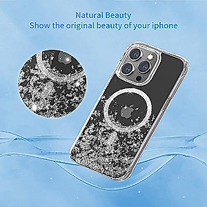 YAKGWERC【Bling Magnetic Ring Design Magnetic Glitter Case for iPhone 13 Pro Max [Compatible with MagSafe] [3-D Craft Glitter] Sparkly Cover for Women Girls, Clear Shockproof Silicone Bumper - Silver