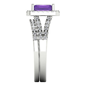 Clara Pucci 1.54 carat Emerald Cut Halo Solitaire Natural Amethyst Engagement Wedding Anniversary Bridal Ring band set 14k White Gold 8.5