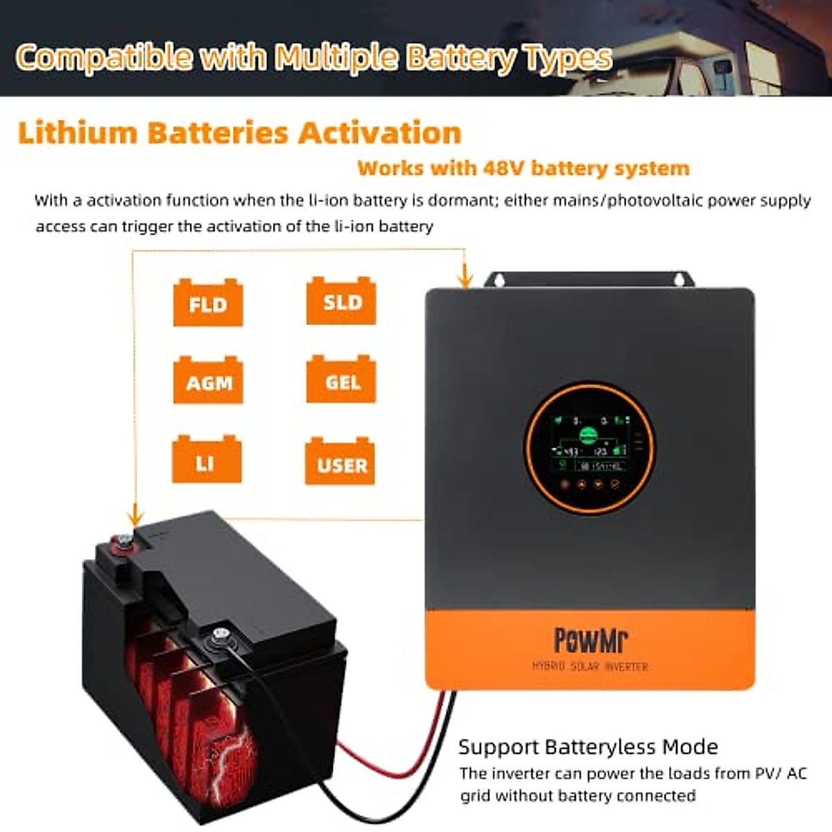 PowMr 5000W Solar Inverter 48V DC to 110V/240V AC Split Phase Inverter Pure Sine Wave Power Inverter with 100A MPPT Controller 5000W Hybrid Inverter, Max.PV Input 5500W, 500VDC, Parallel 6 inverters