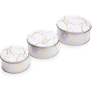 Juvale Nesting Tins Set, White Marble Canisters with Lids, Gold Print (3 Sizes)