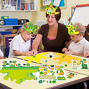 FANCY LAND Craft Kit, 24pcs St. Patrick’s Day Paper Crown & Stickers, Shamrock Party Favors, Kids DIY Irish Themed Hat, Adjustable & Durable