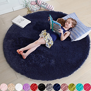 Amdrebio Dark Navy Rug for Bedroom,Fluffy Circle Rug 4'X4' for Kids Room,Furry Carpet for Teen's Room,Shaggy Circular Rug for Nursery,Fuzzy Plush Rug for Dorm,Indigo Carpet,Cute Room Decor for Baby