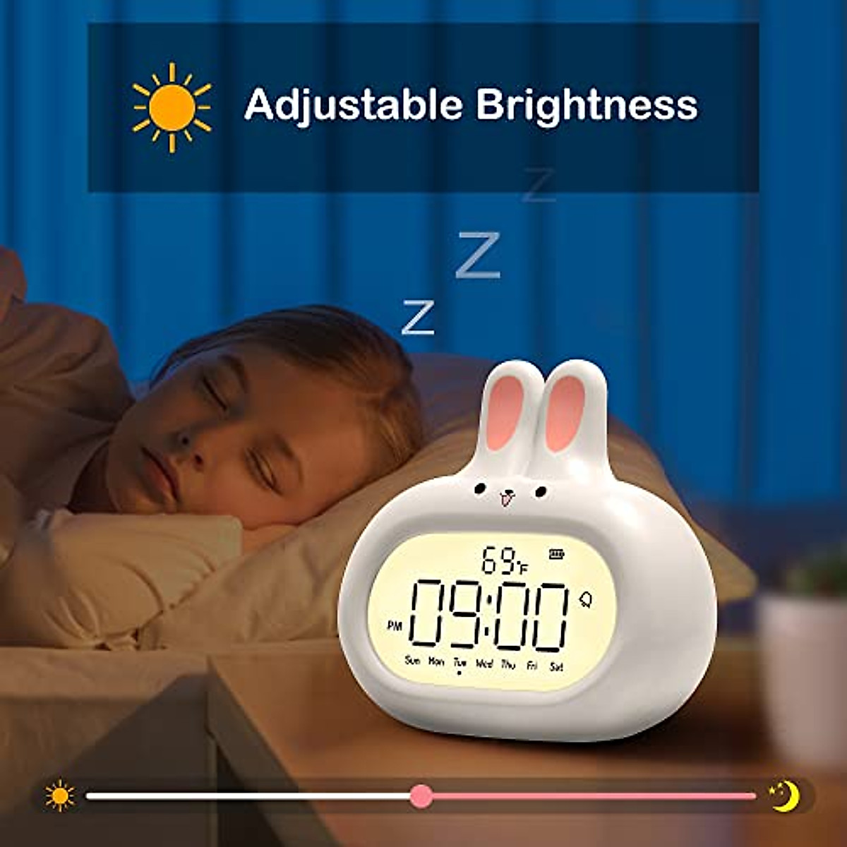 Rabbit Digital Alarm Clock with Day of Week Display, Cute Design Bunny Look, Easy Setting, Snooze, Night Light, Thermometer, Rechargeable, Kawaii Decor for Bedroom, Bedside, Adult, Kid, Gift, White
