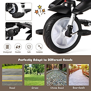 BABY JOY Tricycle, 7 in 1 Folding Toddler Bike w/Removable Push Handle, Rotatable Seat, Adjustable Canopy, Safety Harness, Storage, Cup Holder, Trike for 1-5 Year Old, Tricycle for Toddlers (Gray)