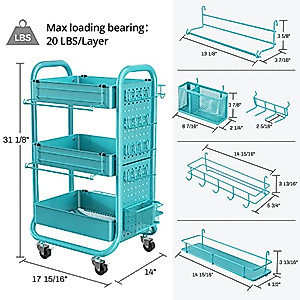 DESIGNA 3-Tier Utility Storage Rolling Cart with Removable Pegboard & Extra Storage Baskets Hooks, Metal Craft Art Carts for Gift Home Office, Teal