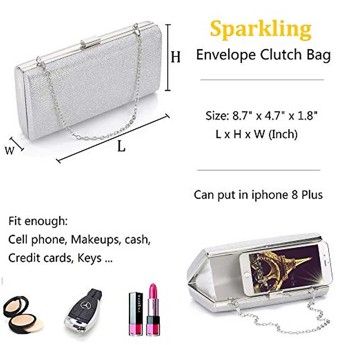 Womens Vintage Bag Envelope Clutch Silver Evening Handbag For Cocktail/Wedding/Party (Silver)