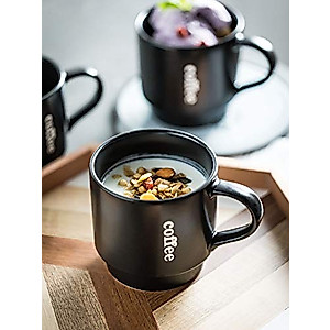 LAUCHUH Stackable Coffee Mug Set with Rack - 15 Ounce for Coffee, Tea, Cocoa, Milk, Set of 4, Father Day Gifts, Black Matte,Black