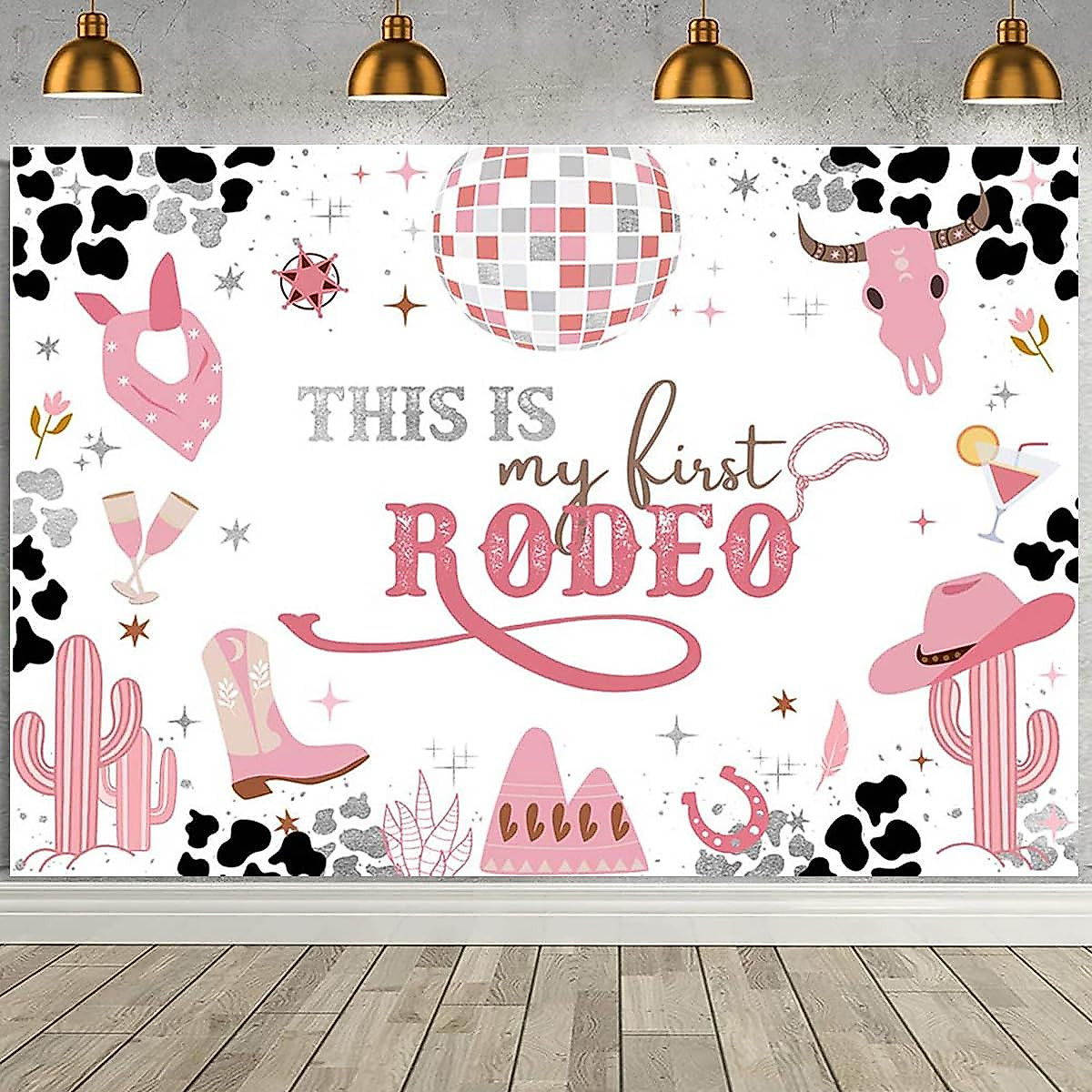 West Cowgirl Theme Birthday Party Background Wild West Party Supplies This is My First Rodeo Banner Girl Birthday Party Cow Print Pink Cactus Western Girls Party Decoration Supplies (7X5FT)