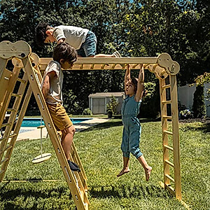 Avenlur Chestnut 7-in-1 Indoor and Outdoor Foldable Jungle Gym Playset for Kids Aged 2-6yrs with Slide, Rock Climb Wall, Climbing Ladder, Rope Net, Monkey Bars, Swing, and Ninja Ring - USA Company