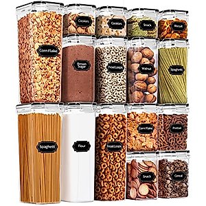 PRAKI Airtight Food Storage Container Set, 16 Pcs BPA Free Plastic Dry Food Canisters for Kitchen Pantry Organization and Storage Ideal for Cereal, Flour & Sugar - Labels, Marker(Black)
