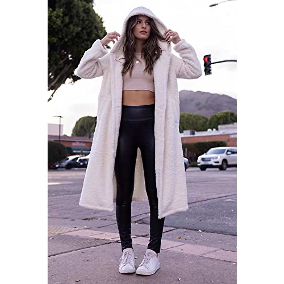 PRETTYGARDEN Women's Fashion Winter Coats Fuzzy Fleece Long Hooded Jackets Button Down Faux Fur Warm Outerwear (Beige White,Medium)