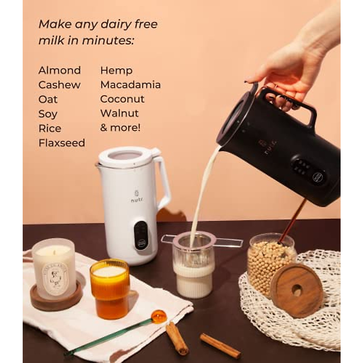 NUTR Machine Automatic Nut Milk Maker, Homemade Almond, Oat, Coconut, Soy, or Plant Based Milks and Non Dairy Beverages, Boil and Blend Single Servings, Stainless Steel, Self-Cleaning, White