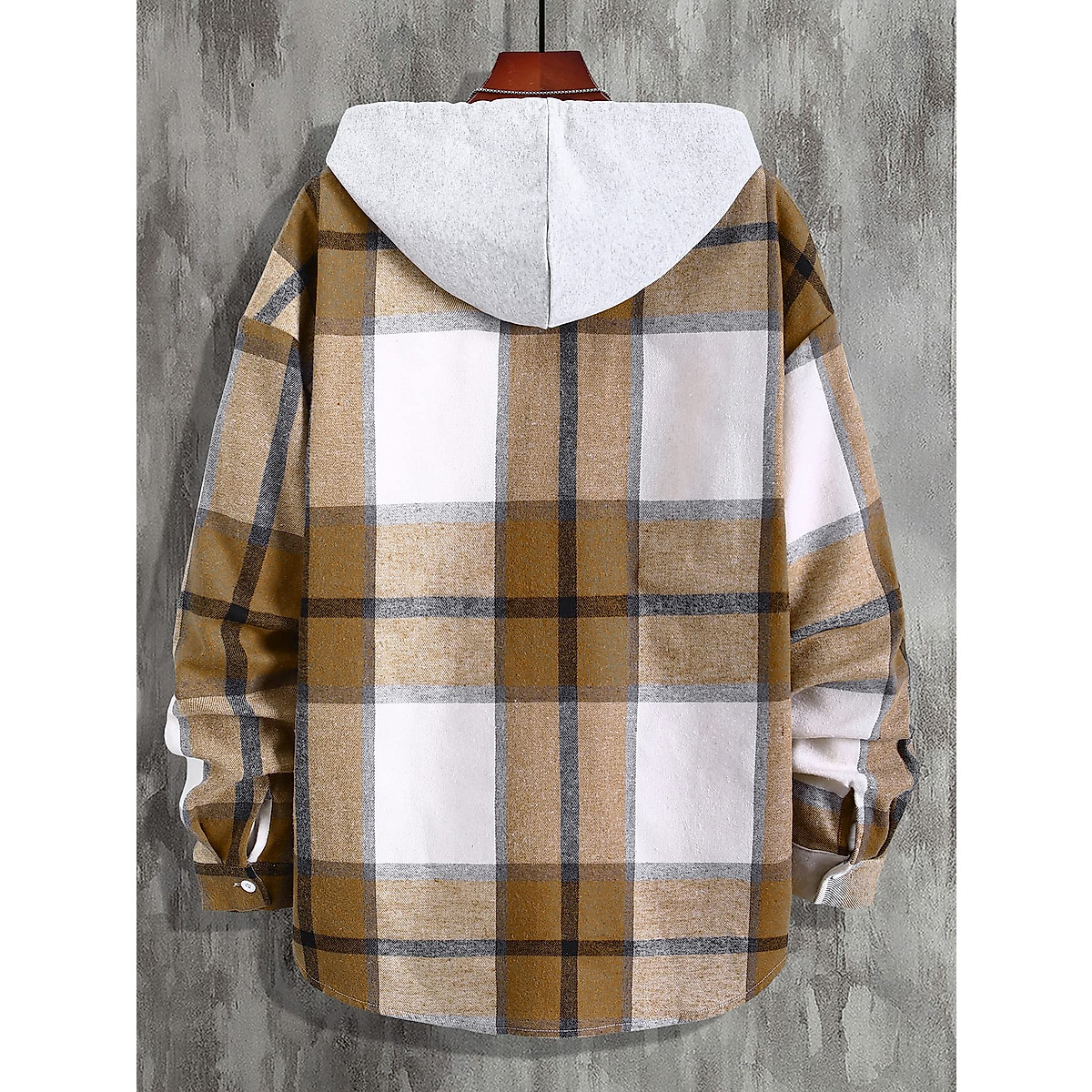 OYOANGLE Men's Casual Plaid Flannel Jacket with Hoodie Long Sleeve Button Down Shirt Brown Check L