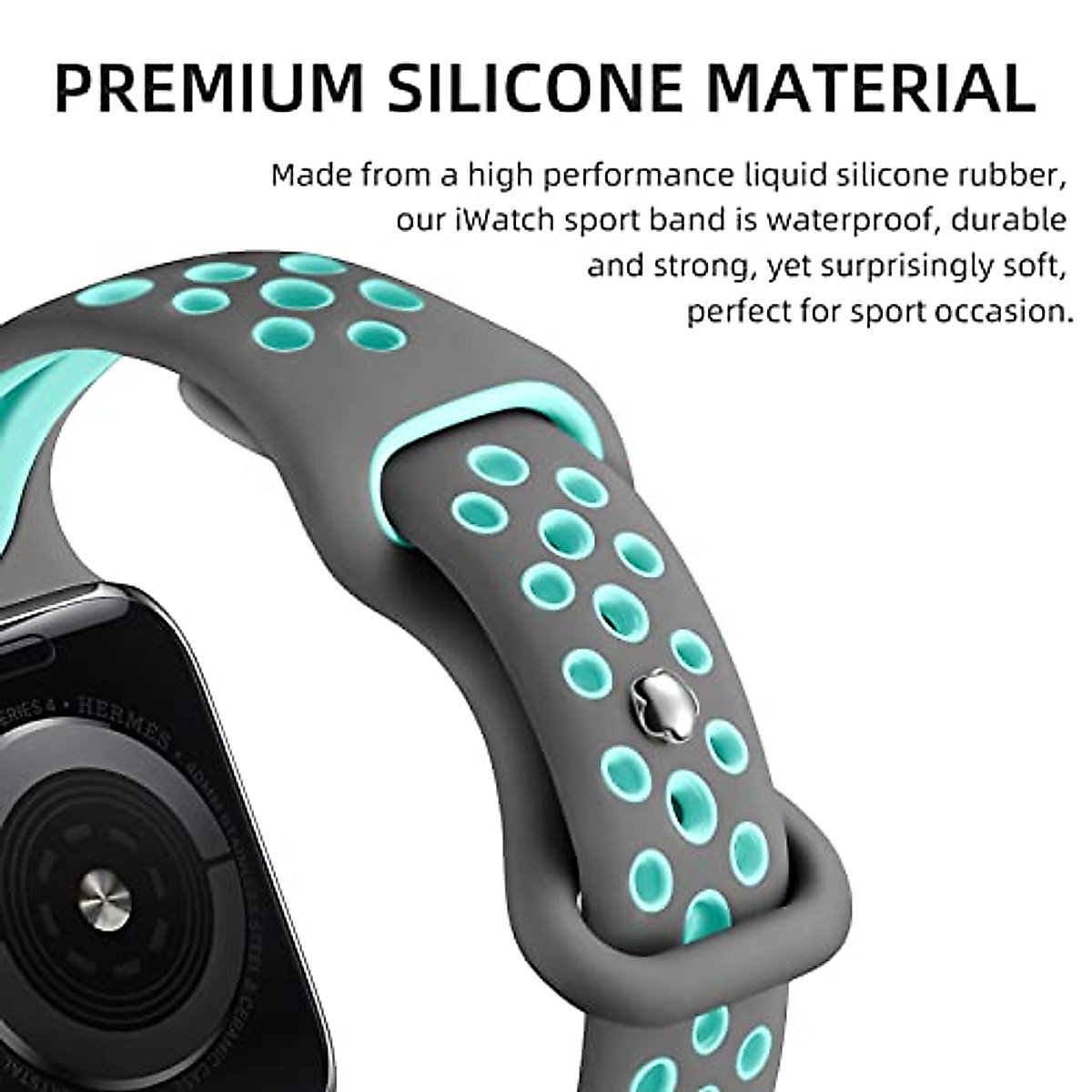 Getino Compatible with Apple Watch Band 41mm 40mm 38mm 42mm 44mm 45mm 49mm iWatch SE Ultra Series 8 7 6 5 4 3 2 1 Women Men, Stylish Durable Soft Silicone Breathable Slim Sport Watch Bands, Gray/Teal