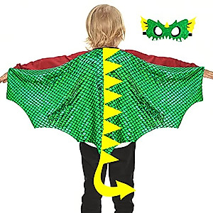 IROLEHOME Dragon-Wings Costume for Kids Mask Dinosaur Dress Up Cape for Boys Girls Halloween-Party Gifts Toys (metallic blue) (metallic green)