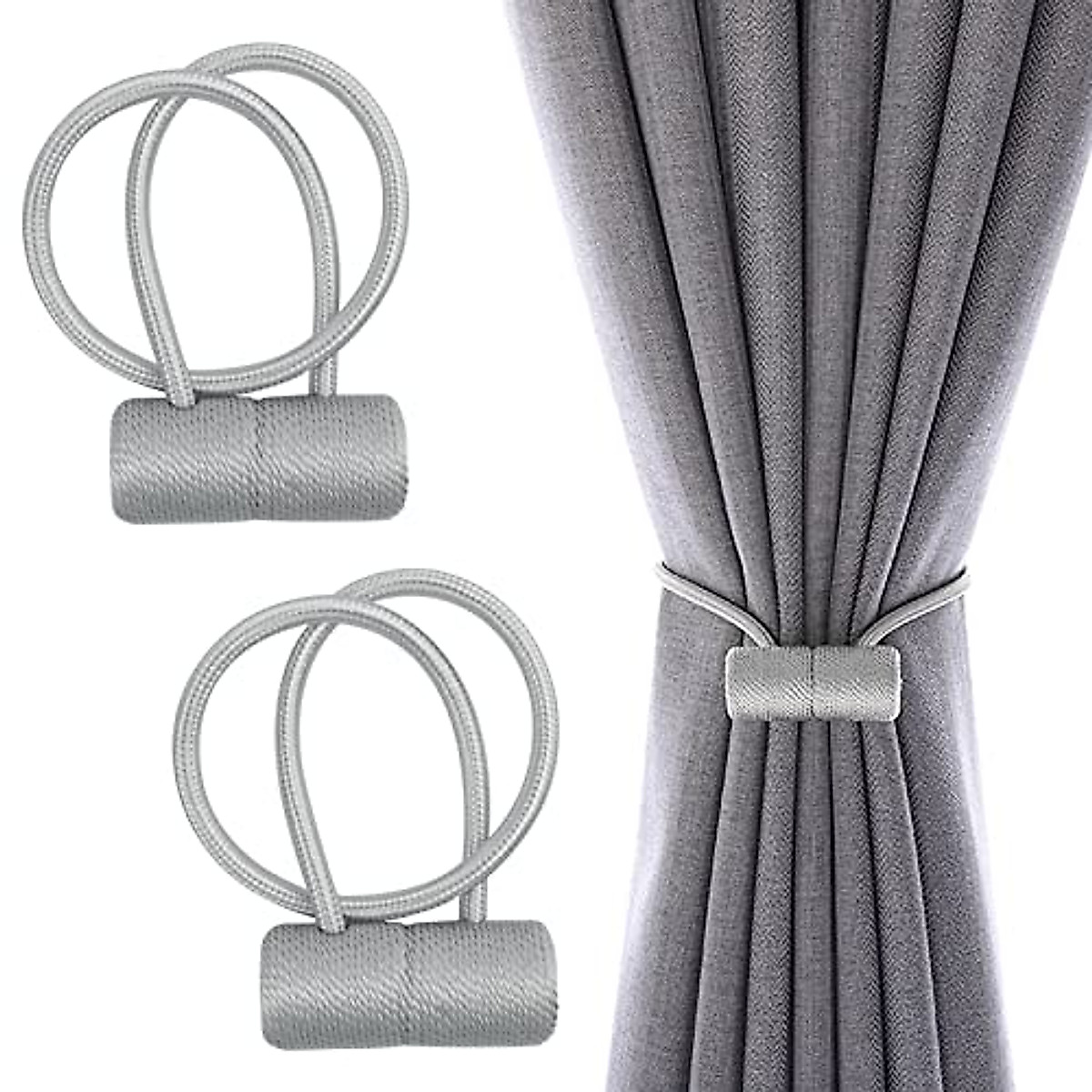 MJIYA Magnetic Curtain Tiebacks, Convenient Drape Tie Backs - Decorative Rope Holdback Holder for Small, Thin or Sheer Window Drapries (Grey, 2 Pack-C)