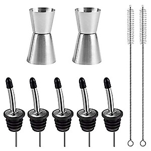 5 Pack Stainless Steel Liquor Pour Spouts Set & 2 Double Jiggers, SourceTon 5 Liquor Pour Spouts + 5 Dust Caps Covers + 2 Cleaning Brush + 2 Double Jiggers for cocktail making