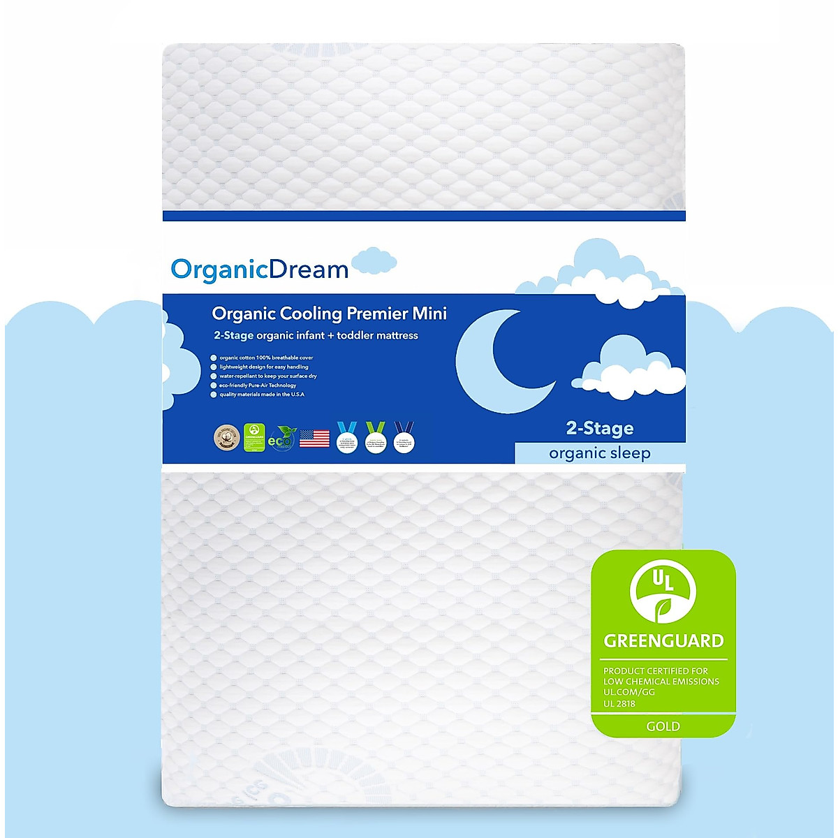 ORGANICDREAM Cooling Premier 5" Mini Crib and Toddler Mattress 2-Stage I 100% Breathable & Hypoallergenic - GREENGUARD I Extra Firm Infant Side and Plush Toddler Side (38x24x5)