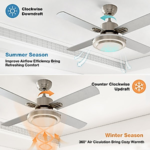 warmiplanet Ceiling Fan with Lights Remote Control, 44 Inch, Brushed Nickel Motor (4-Blades)
