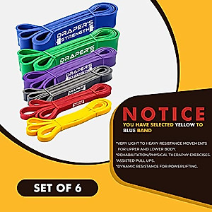 DRAPER'S STRENGTH Heavy Duty Resistance Stretch Loop Bands for Powerlifting Workout Exercise and Assisted Pull Ups (#13 6 Band Set Yellow-Blue)