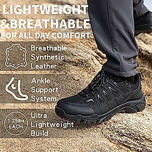 SHULOOK Men's Waterproof Hiking Shoes Non Slip Outdoor Low Top Lightweight Ankle Boots Breathable Hike Trekking Trails Work Shoe Black/Grey
