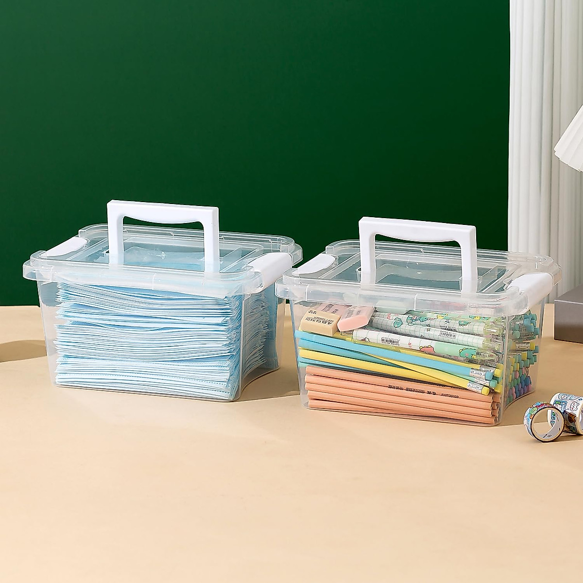 Gagee 6 Pack 3.5 Qt Storage Bins with Lids and Latching Buckles,Stackable Plastic Storage Containers with Lids for Home, Office and School Supplies,Clear,Small