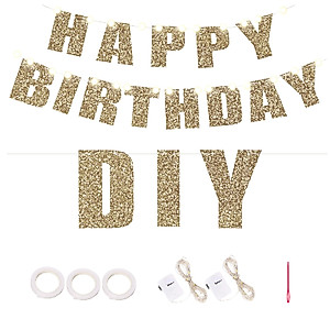 RUBFAC 72pcs DIY Happy Birthday Letters Banner Kit, Glitter Customizable Banner Kit Including 67 Letters and Numbers 3 Rope and 2 Lights, Personalized Banner Wall Decor for Birthday Party