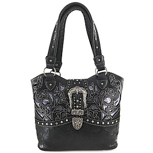 Justin West Western Brown Purse Tooled Laser Cut Floral Design Studs Rhinestone Buckle Concealed Carry Handbag With Trifold Wristlet Cross Body Strap Wallet Set (Black Tote)