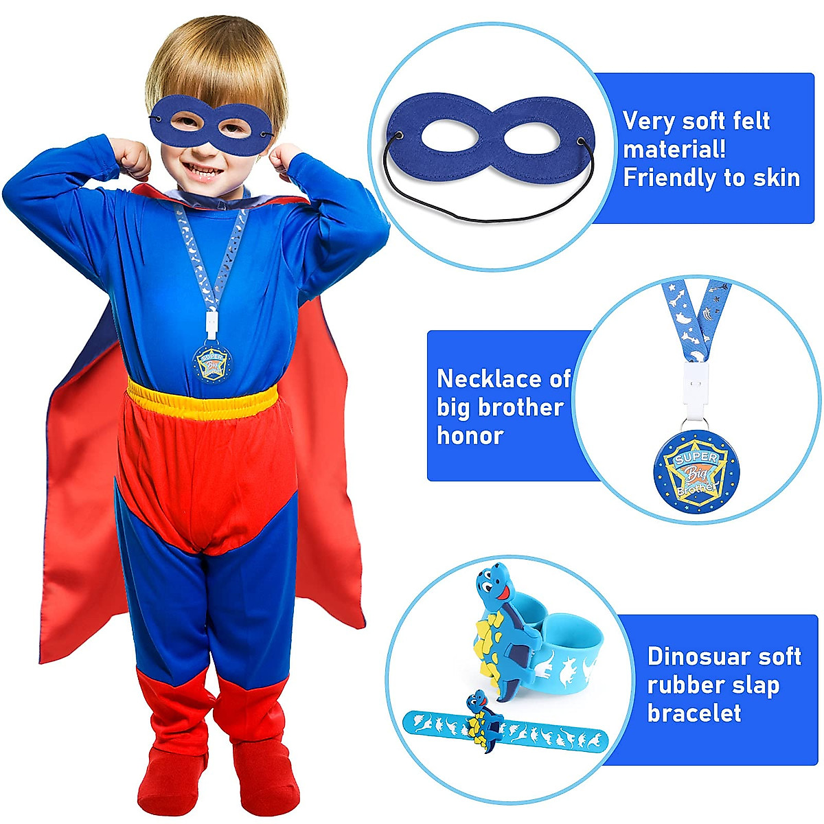 Golray Super Big Brother Gifts Set with Superhero Cape Eyemask Dinosaur Slap Bracelets Necklace, Drawstring Backpack, Plush Keychain, Insulated Plastic Tumbler Cup Big Brother Gift Little Toddler Boy