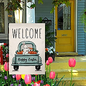 Sambosk Easter Bunny Carrot Small Garden Flag Vertical Double Sided Burlap Happy Easter Truck Spring Farmhouse Yard Outdoor Decoration 12 x 18 Inches