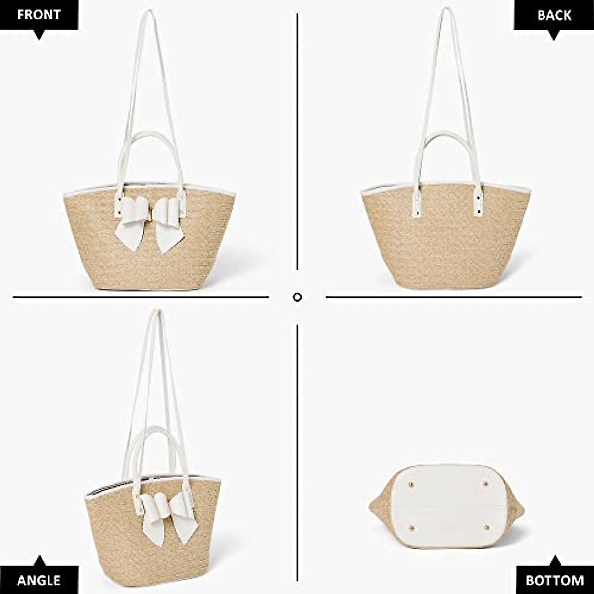 Like Dreams Women Fashion Hand-woven Straw Tote Bag Vegan Leather Bowtie Polka Inner Structured Summer Beach Handbag (White)