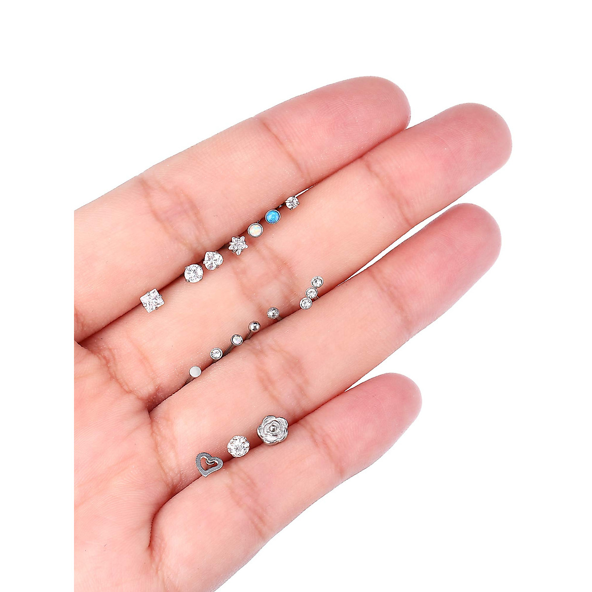 JOVITEC Stainless Steel Nose Stud Set Steel Nose Ring Rose Ball Labret Body Piercing Jewelry for Party Wear or Clothes Matching, 20 G (16 Pieces, Bone Stud)