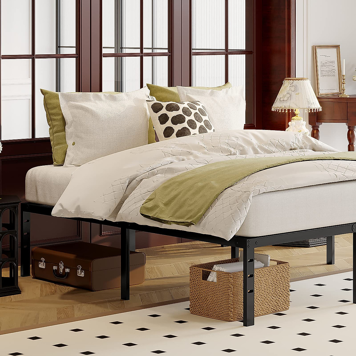 zunatu 18 Inch California King Metal Bed Frame Foundation No Box Spring Needed Heavy Duty Tall Platform with Large Storage Easy Assembly Mattress Noise Free, Black