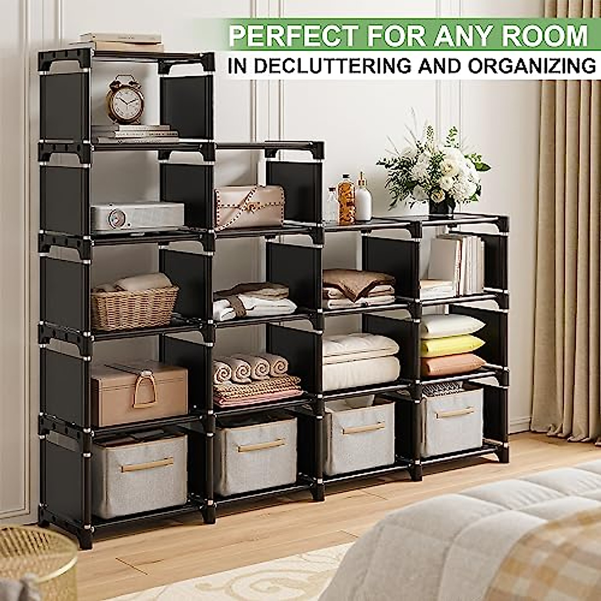 REIBII Bookshelf for Bedroom Book Shelf Organizer Bookcase Tall Book Case 15 Cube Storage Organizer Cube Shelf Black Cubby Storage Organizer Shelves for Bedroom Living Room Closet Office DIY