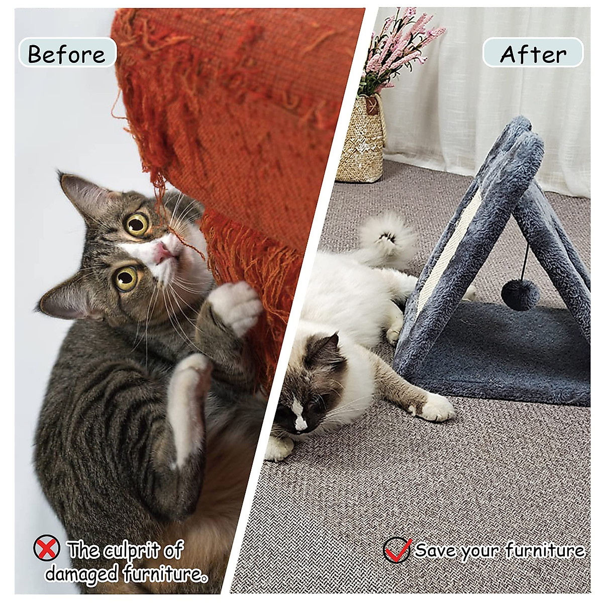 Fhiny Triangle Cat Scratching Post, Natural Sisal Cat Standing Scratch Board with Hanging Plush Ball Toy Pet Cave Nest Indoor Cats Pads Activity Center for Keeping Away from Furniture