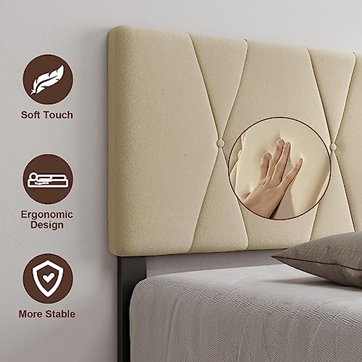 Gizoon Queen Bed Frame with Adjustable Velvet Headboard, Upholstered Platform Bed Frame with Sturdy Metal Frame, Wooden Slats, Noise-Free, No Box Spring Needed (Beige, Queen)