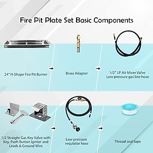 24" x 8" Drop-in Fire Pit Pan, Rectangular Stainless Steel Natural & Propane Gas Firepit Insert Kit with H-Burner, Spark Ignition and Propane Hose Kit for Indoor & Outdoor, Rated for up to 120,000 BTU