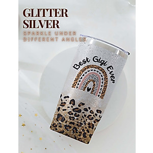 Onebttl Gigi Gifts from Granddaughter, Grandson, Insulated Stainless Steel Wine Tumbler with Lid and Straw, for Grandma on Mother's Day, Birthday, Christmas, Best Gigi Ever, Glitter Silver, 20 oz