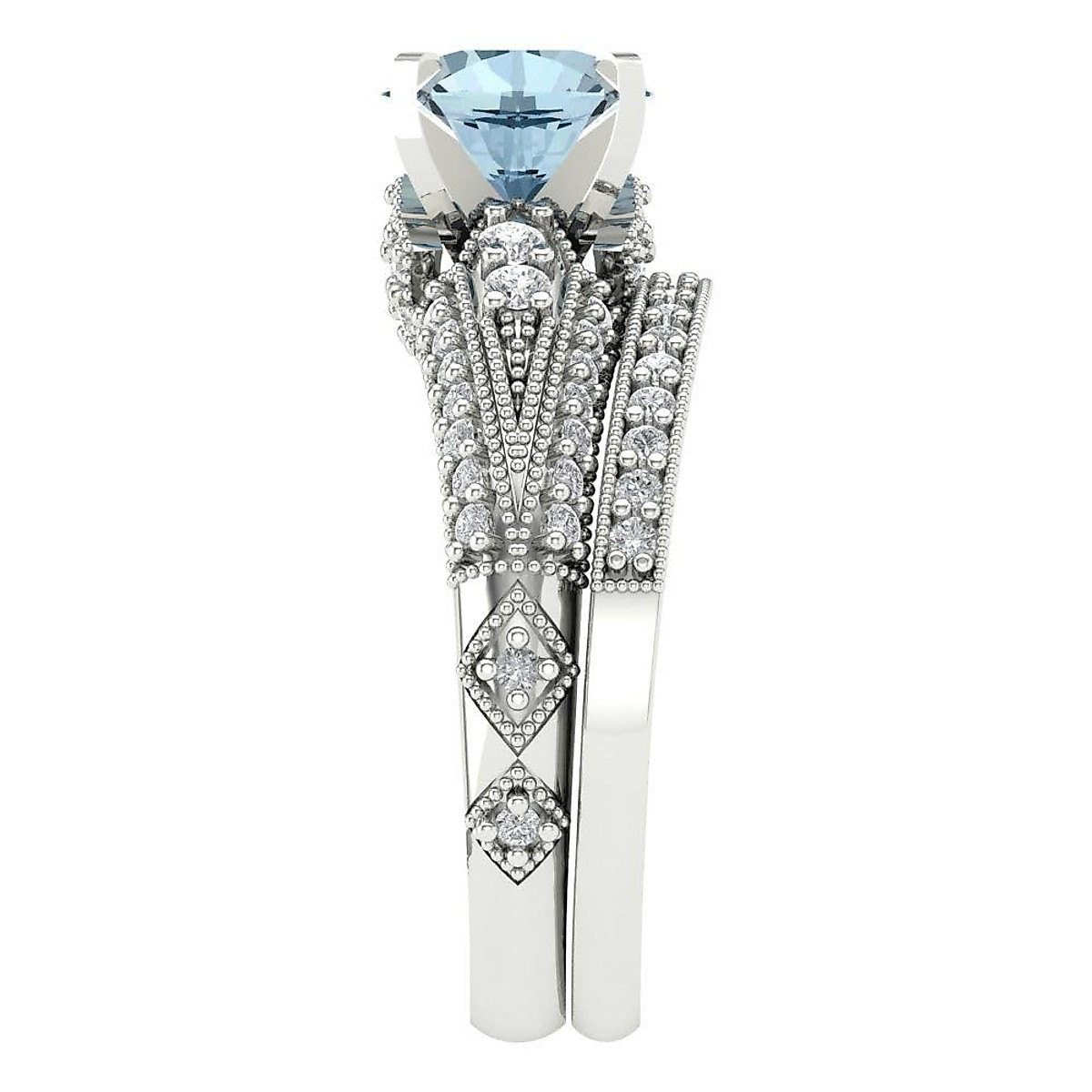 2.07ct Round Cut Pave Solitaire with Accent Natural Swiss Blue Topaz Designer Classic Ring Band Set 18k White Gold Size 5.5