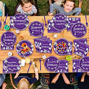 96 Pcs Purple Birthday Party Supplies Paper Plates Napkins Purple Silver Happy Birthday Tableware Set Dinner Dessert Table Decorations Favors for Women Girls Serves 24